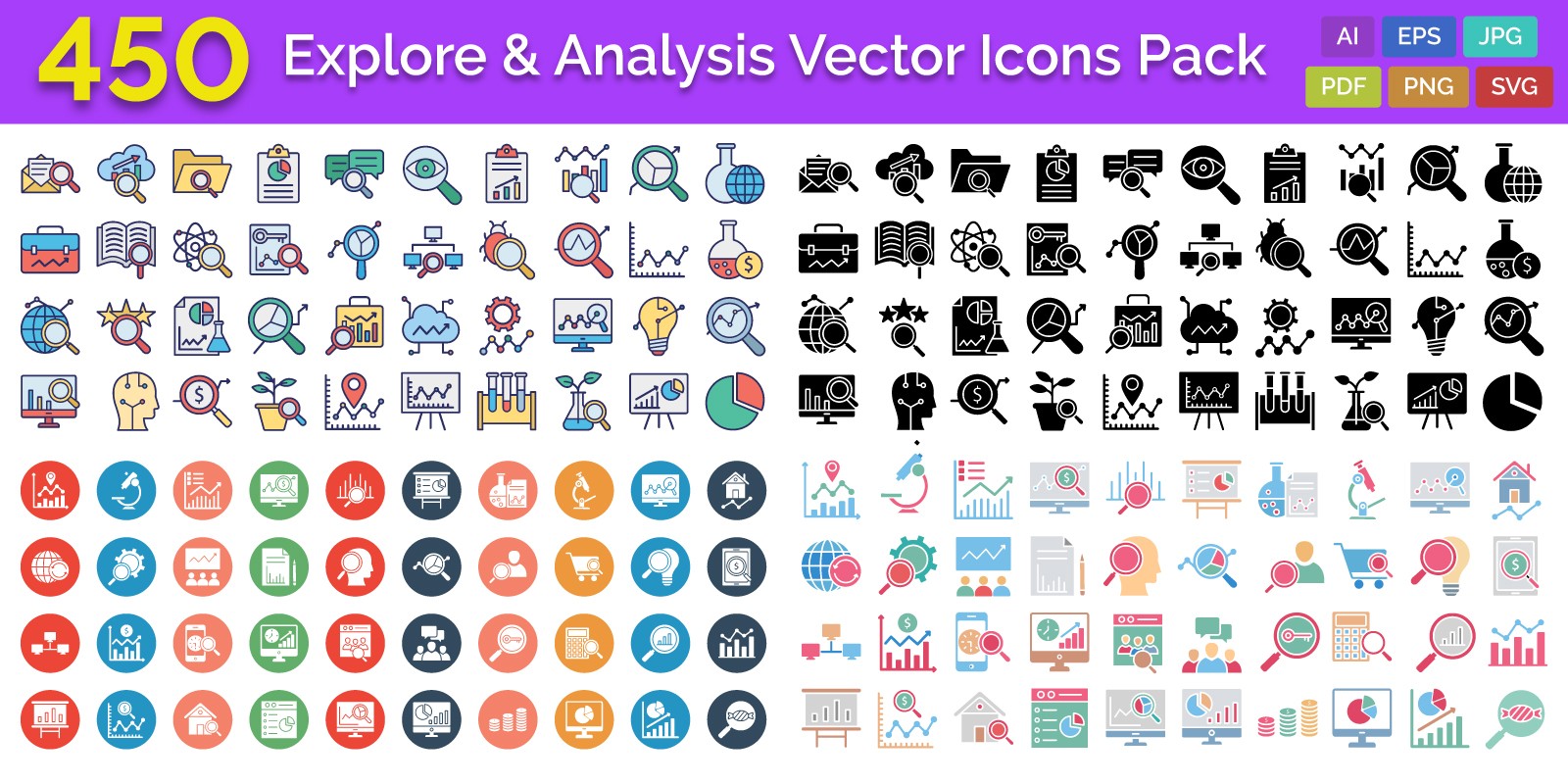 450 Explore And Analysis Vector Icons Pack by UNQSau | Codester