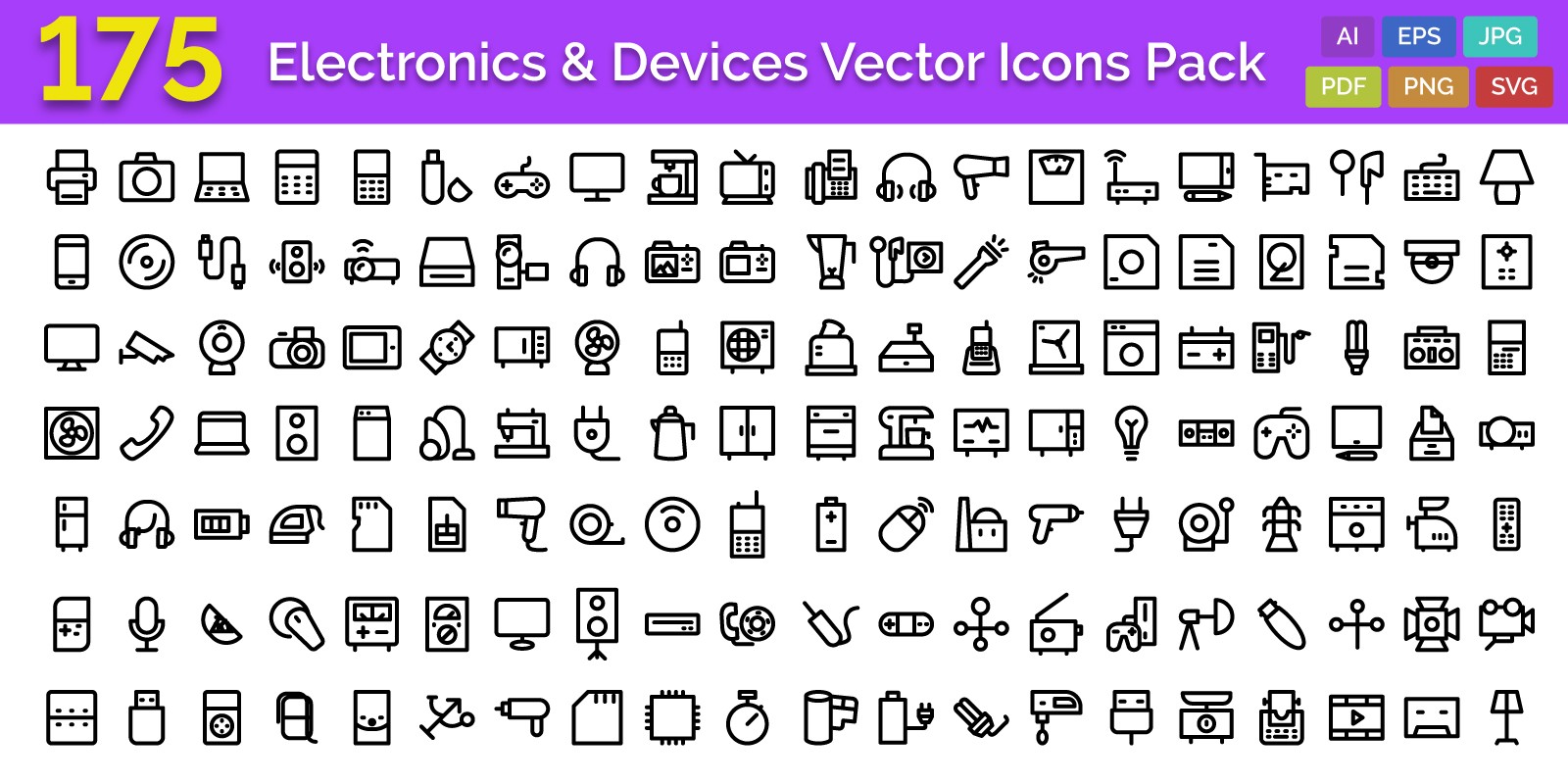 175 Electronics and Devices Vector Icons Pack | Codester