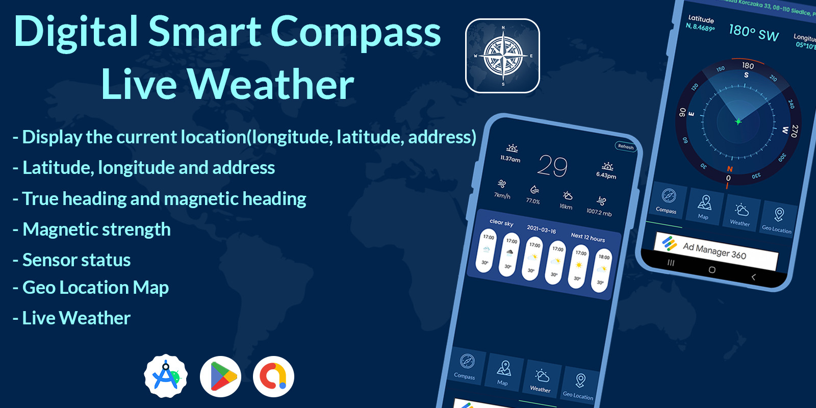 Digital Compass Live Weather - Android Source Code by Vocsy | Codester