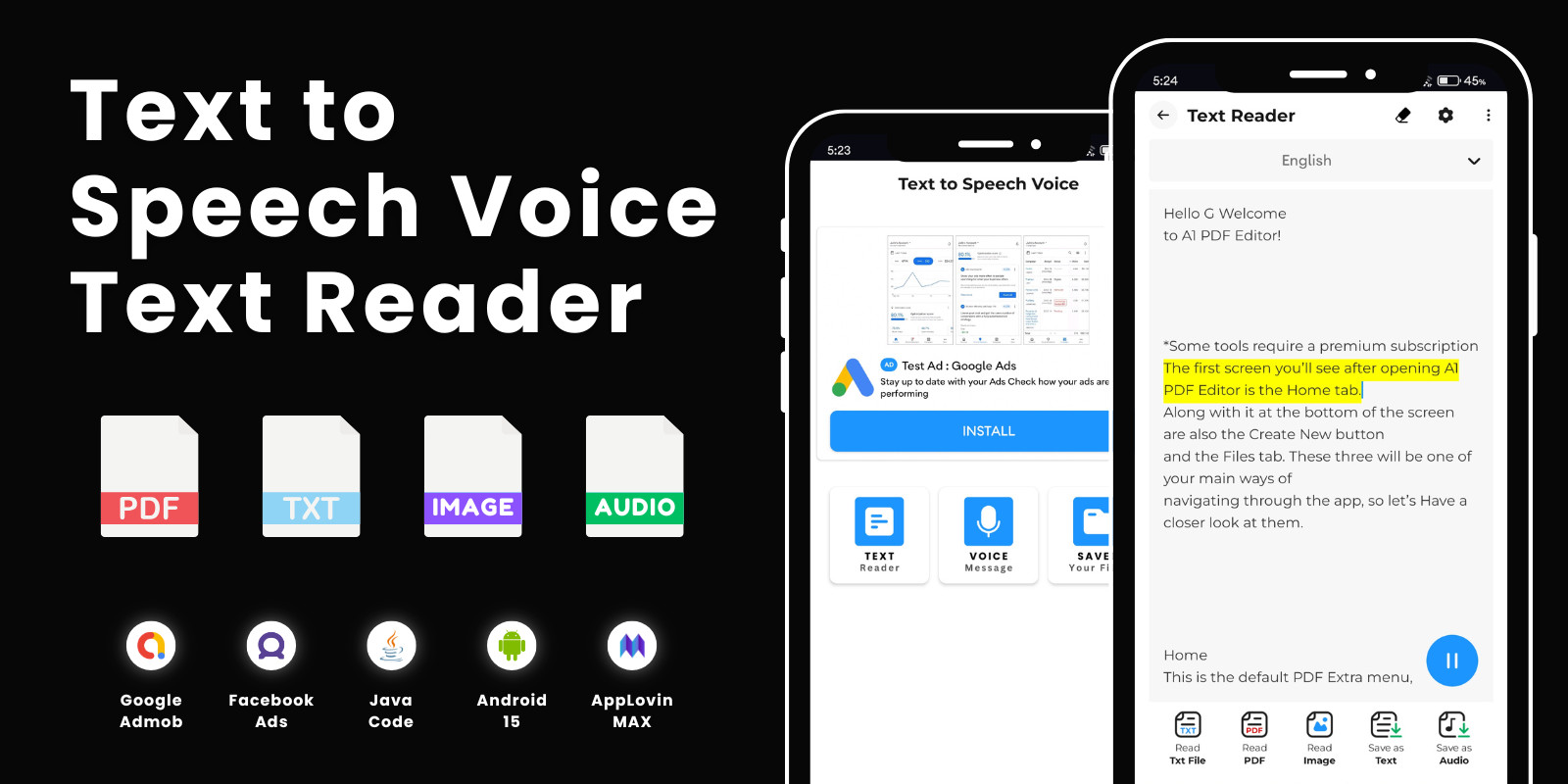 Text to Speech Voice Text Reader AdMob Ads Android by MJAppsStudio | Codester
