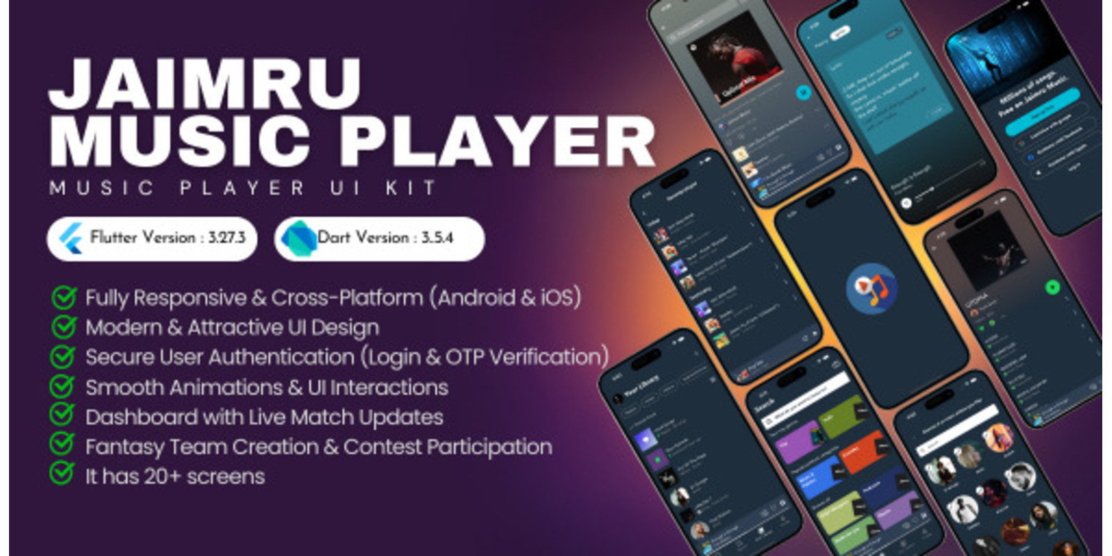 Jaimru Music Player Flutter UI Kit by Jaimrutechnology2025 | Codester